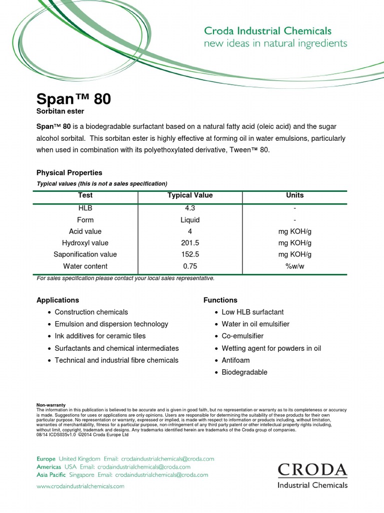 Span - 80 Pds | PDF | Emulsion | Surfactant
