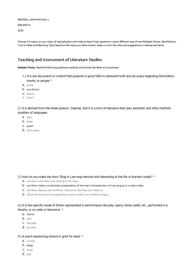 Test Questions for Literature and ESP | PDF | Poetry | Narrative