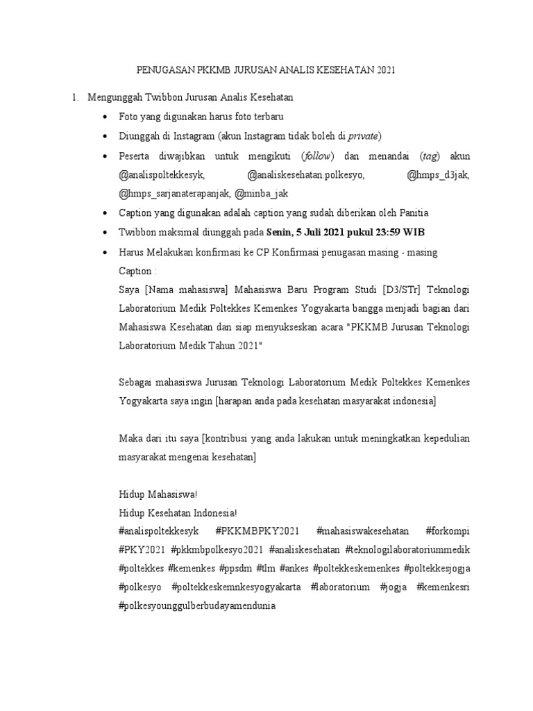 Penugasan PKKMB Jurusan Analis Kesehatan 2021 Revisi Fix | PDF