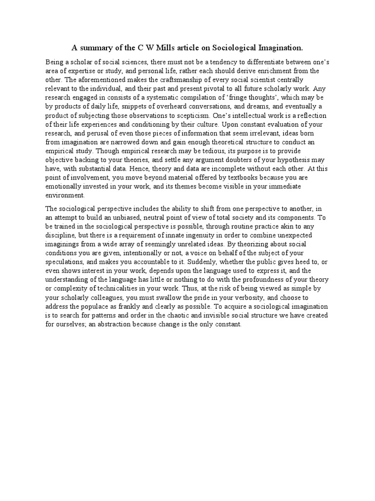 A Summary of The C W Mills Article On Sociological Imagination | PDF ...