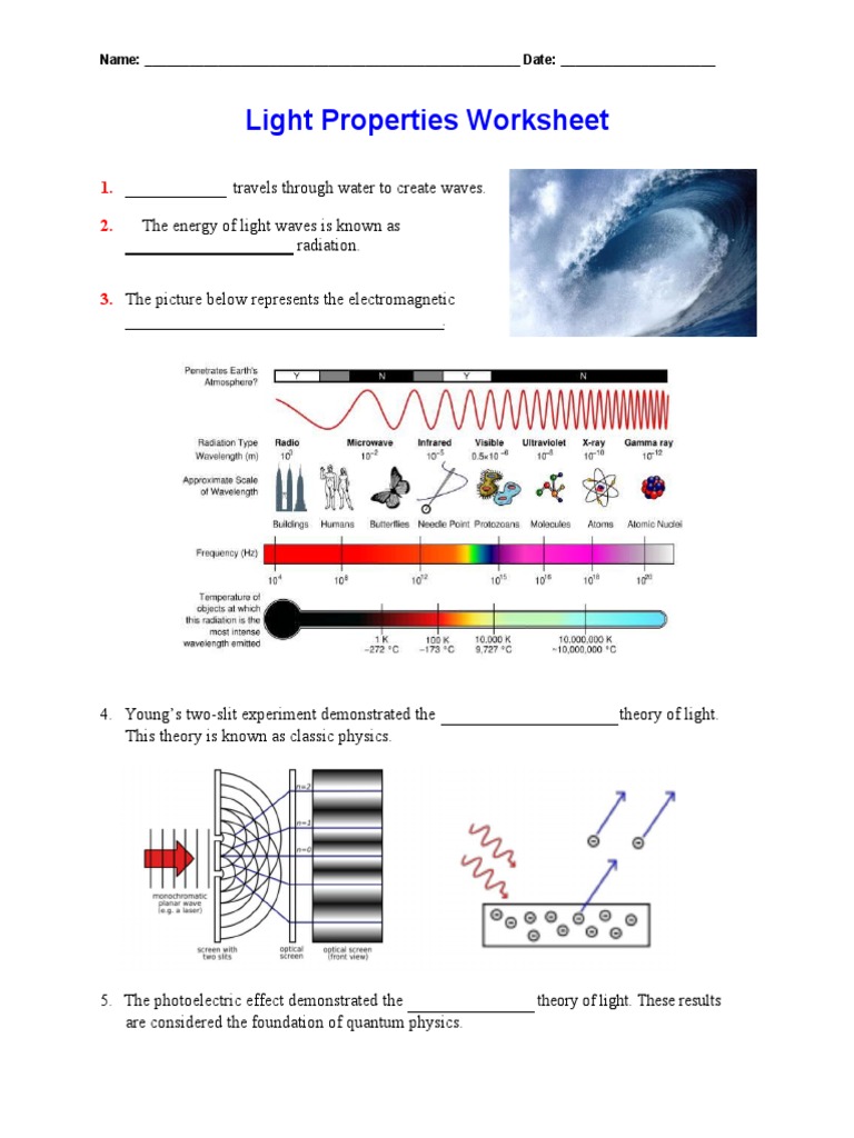 Light Properties Worksheet: Name: - Date | PDF