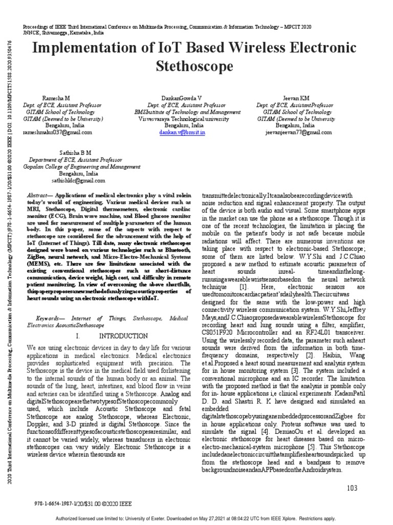 Implementation of IoT Based Wireless Electronic Stethoscope | PDF ...