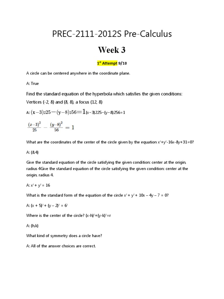 Pre-Calculus Week 3 Practice Problems | PDF | Ellipse | Sine