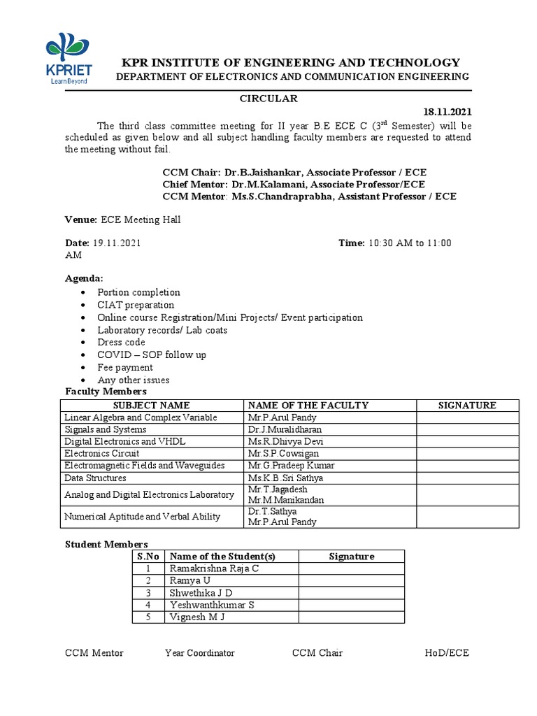 Agenda and Attendees for the Third Class Committee Meeting of II Year B ...
