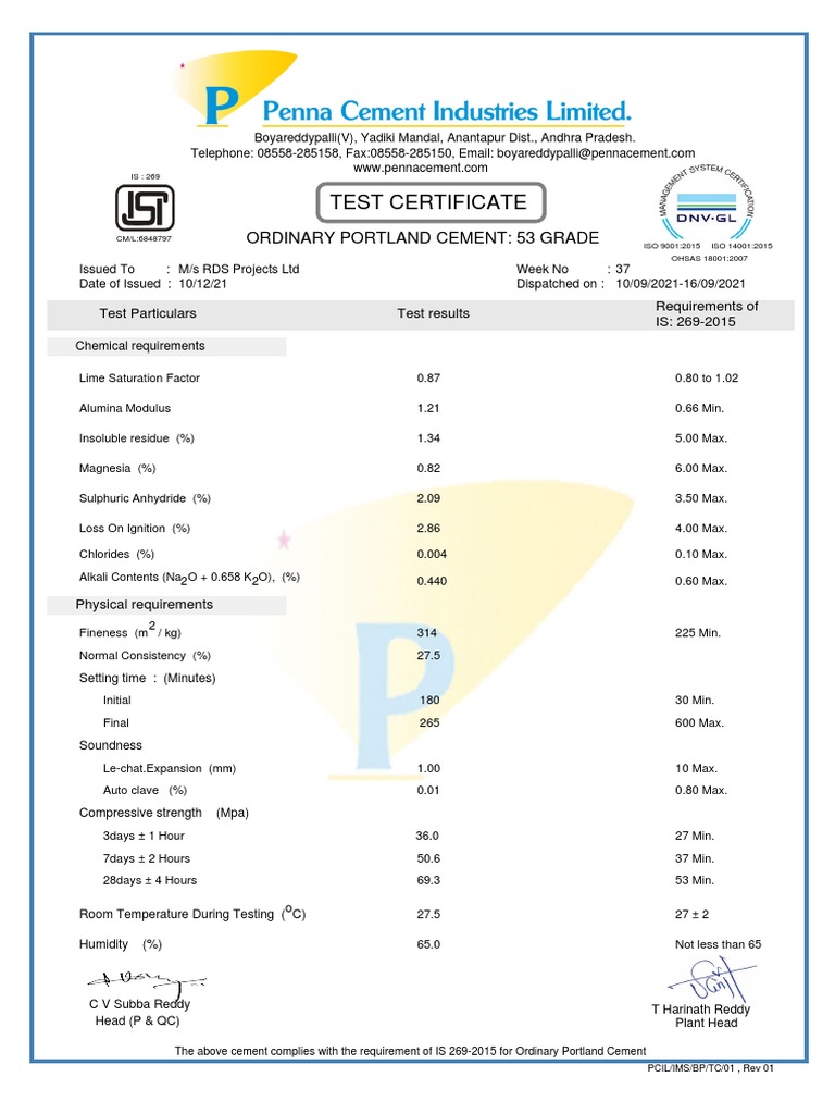 Test Certificate: Ordinary Portland Cement: 53 Grade | Download Free ...
