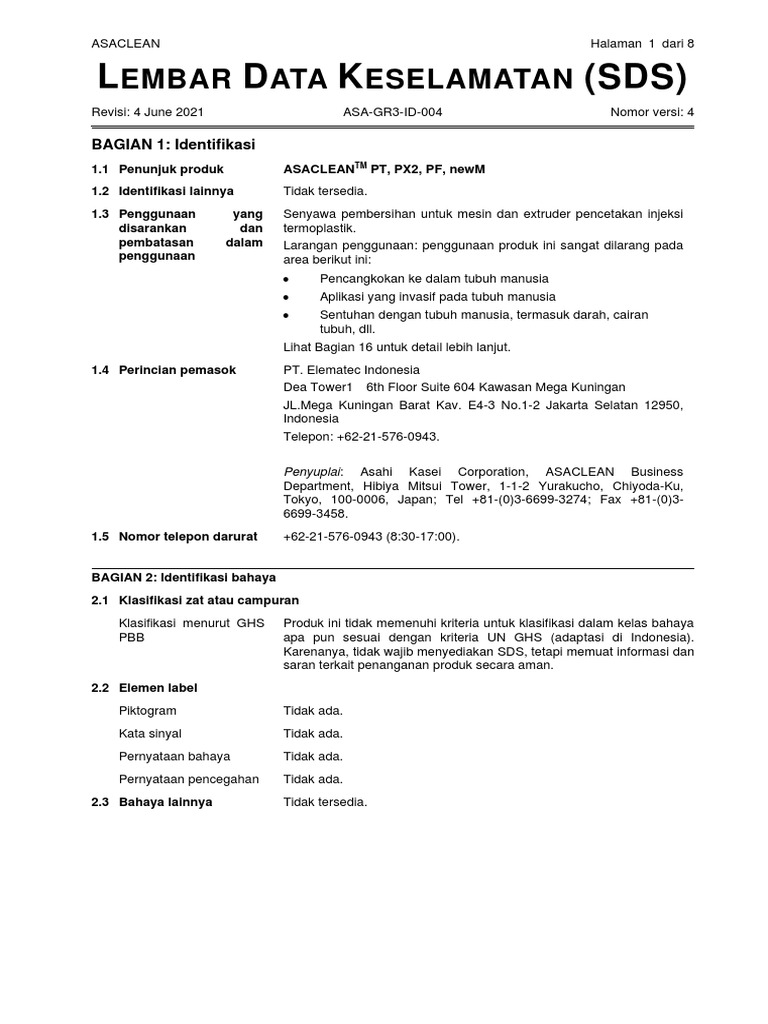 Tindakan Pertolongan Pertama dan Pengendalian Bahaya untuk Senyawa Pembersih AsaClean | PDF