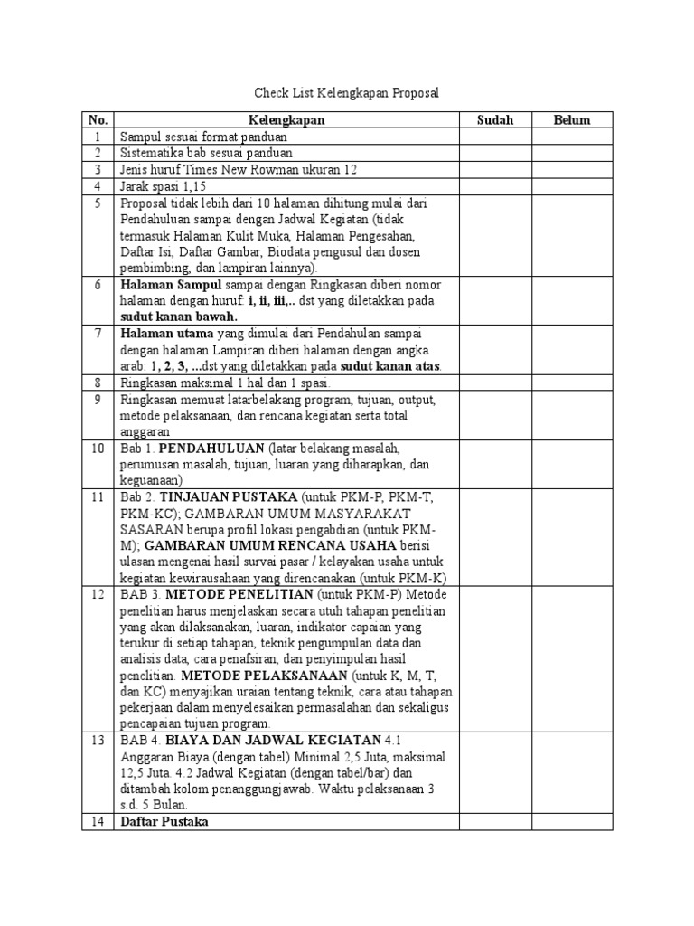 Check List Kelengkapan Proposal | PDF