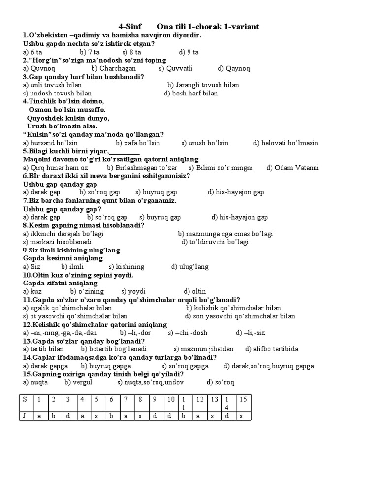 4-Ona Tili Test | PDF