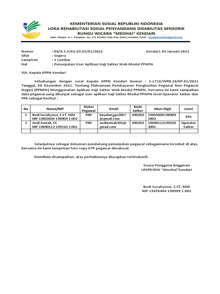 Surat Penunjukan User Gaji PPNPN | PDF