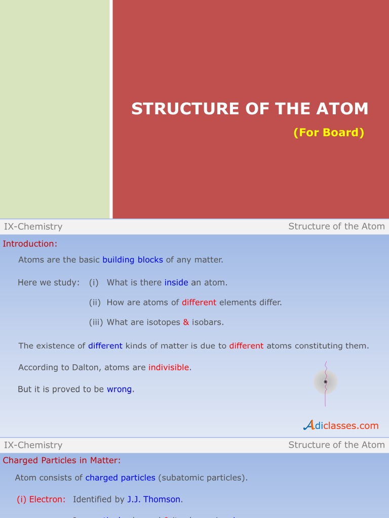 9th Chemistry Structure of The Atom AdiClasses Part 1 | PDF