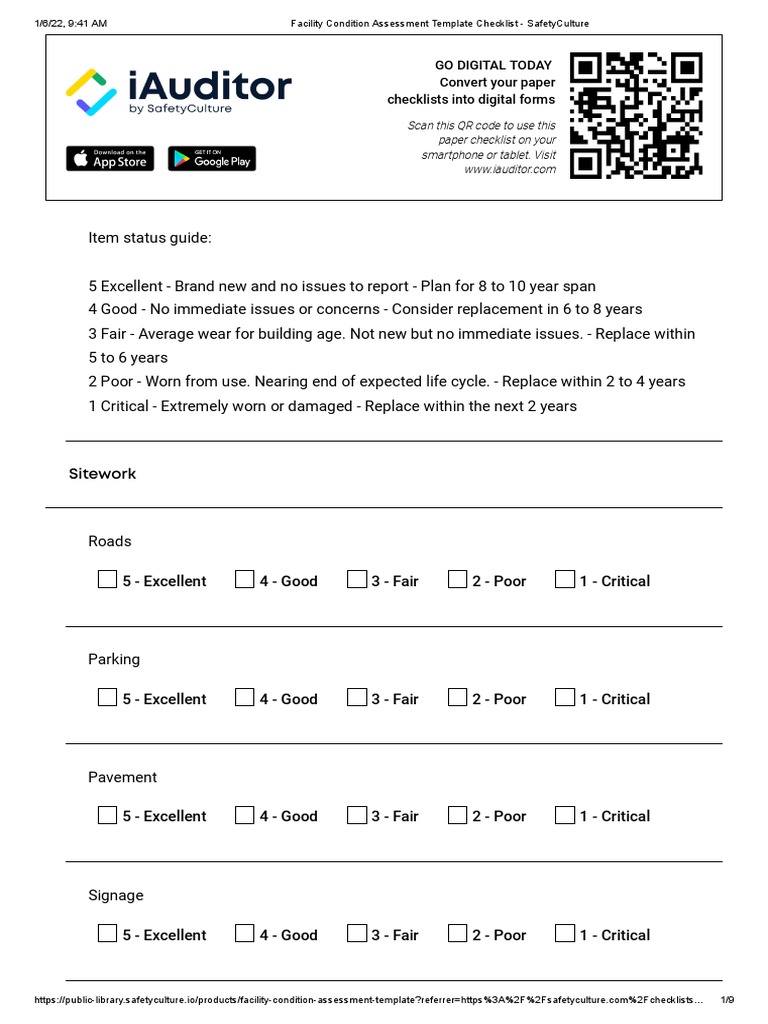 Facility Condition Assessment Template Checklist - SafetyCulture | PDF ...
