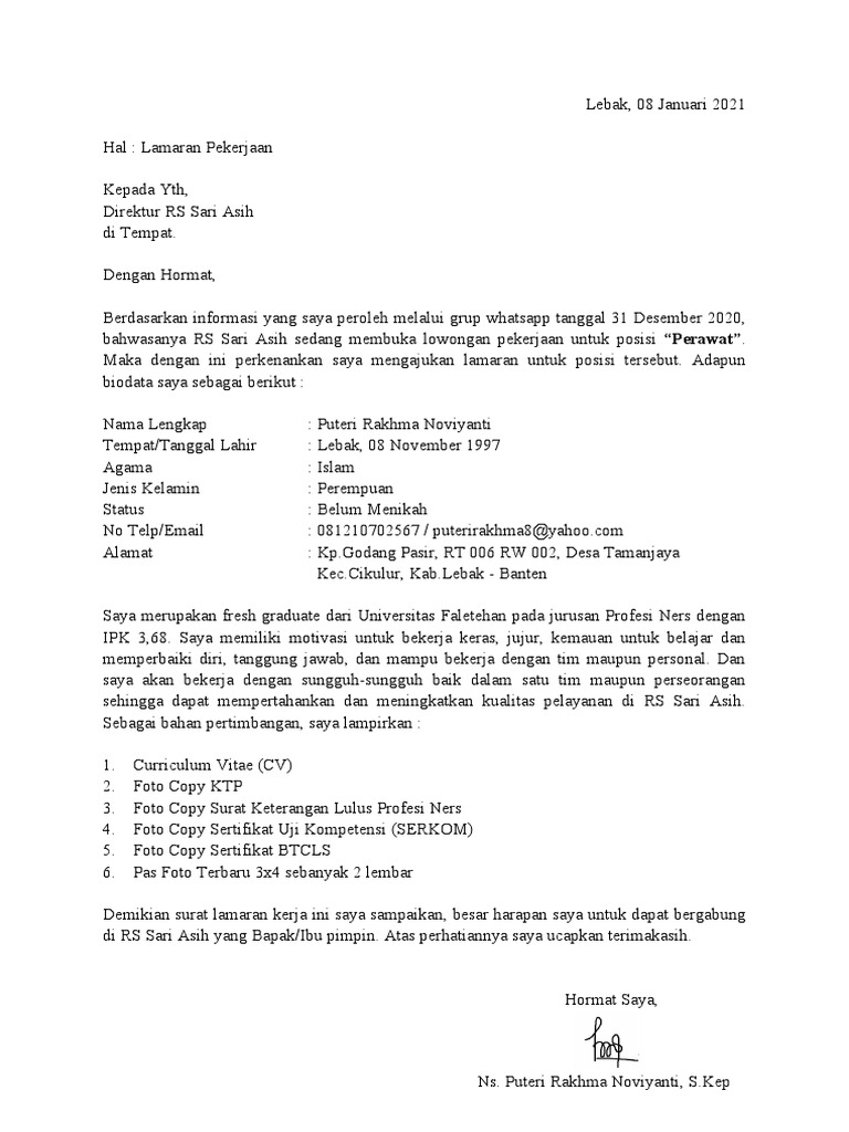 Surat Lamaran RS SARI ASIH SERANG | PDF