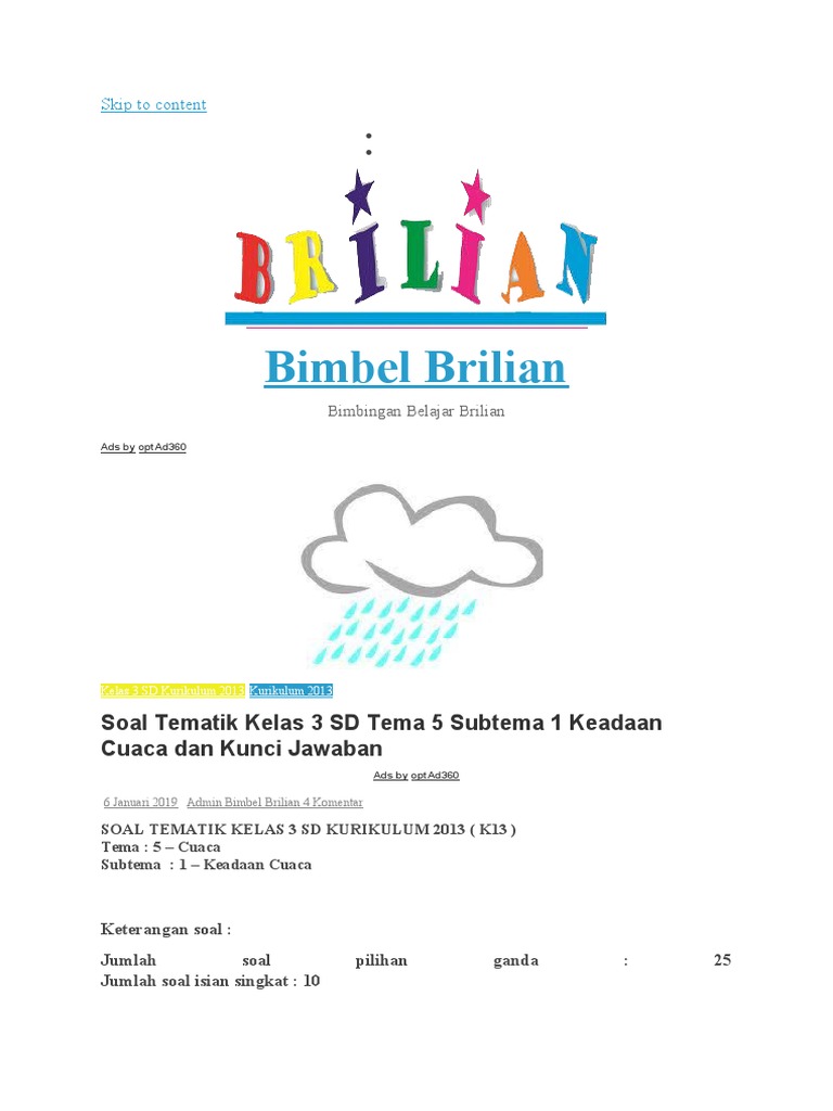 Bimbel Brilian: Soal Tematik Kelas 3 SD Tema 5 Subtema 1 Keadaan Cuaca Dan Kunci Jawaban | PDF