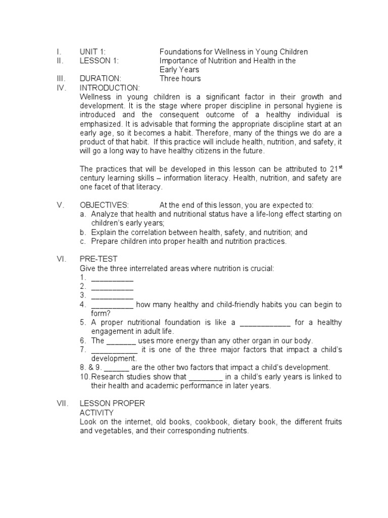 Health, Nutrition, and Safety - UNIT 1 Lessons 1 and 2 | PDF ...
