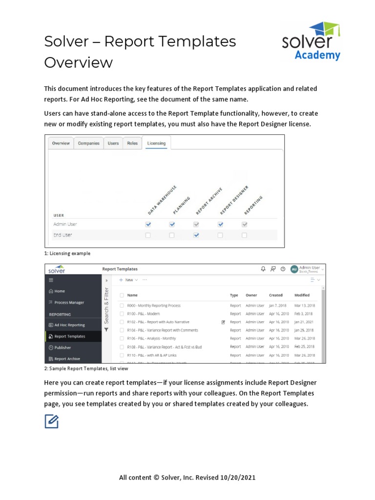 Solver - Report Templates: 1: Licensing Example | PDF | Microsoft Excel ...