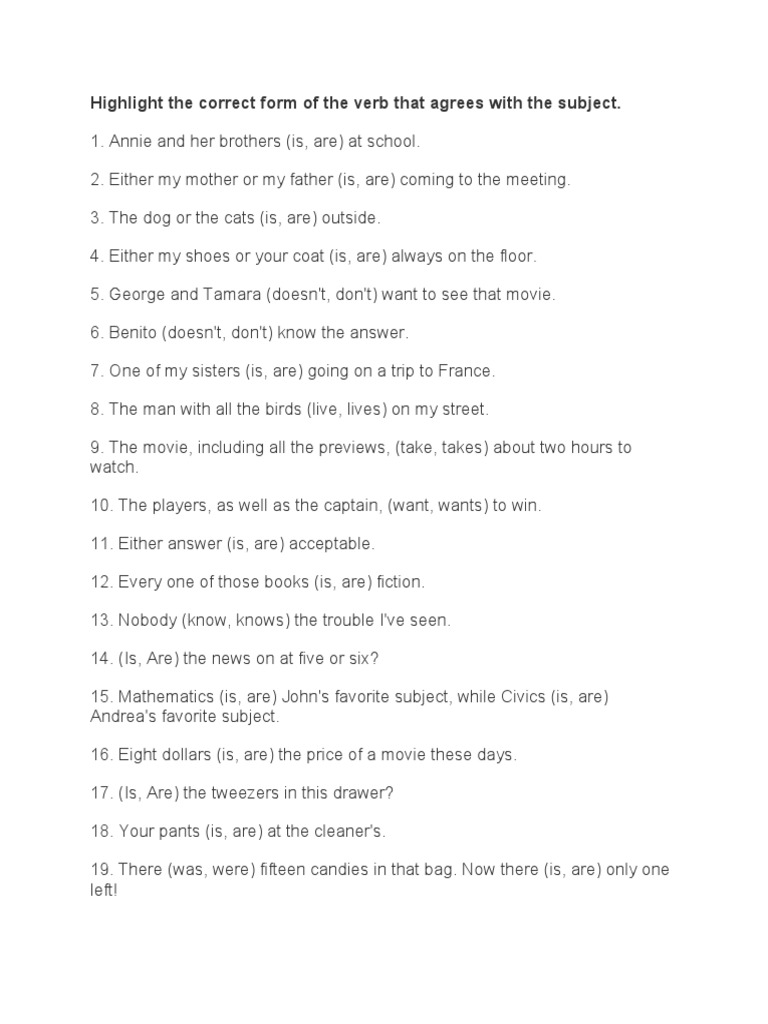 Highlight The Correct Form of The Verb That Agrees With The Subject | PDF