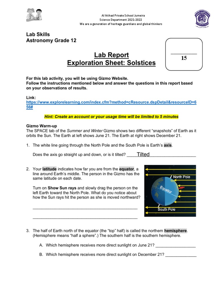 Summer and Winter Gizmo Lab Report | PDF | Earth | Equator