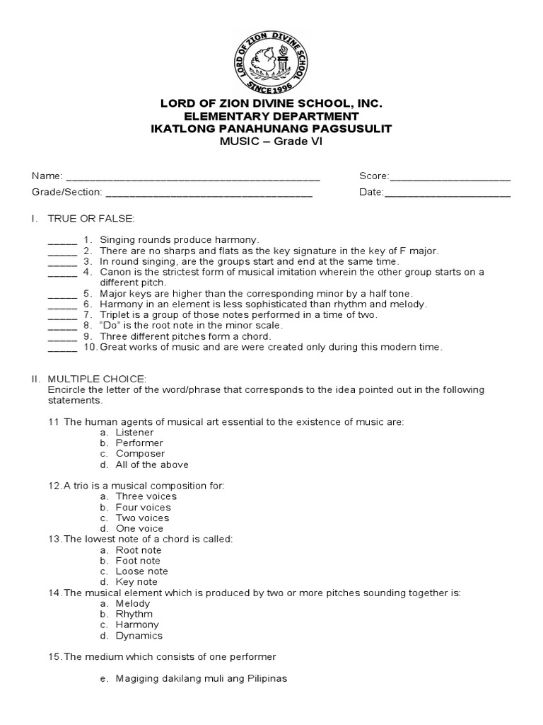 Grade VI Music Assessment | PDF | Harmony | Chord (Music)