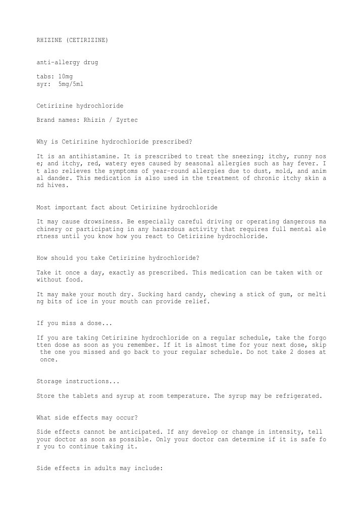 Rhizin (Cetirizine Hydrochloride) | PDF | Drugs | Clinical Medicine