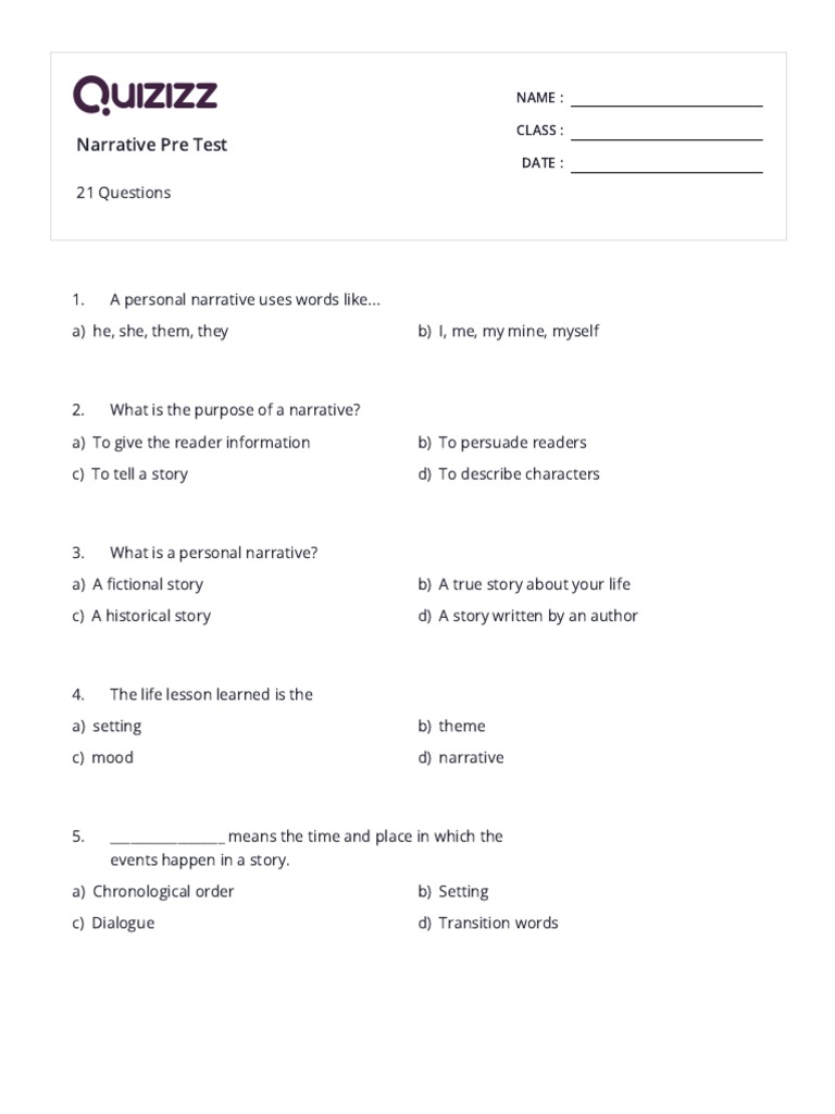Narrative Pre Test - Print - Quizizz | PDF | Narrative | Essays
