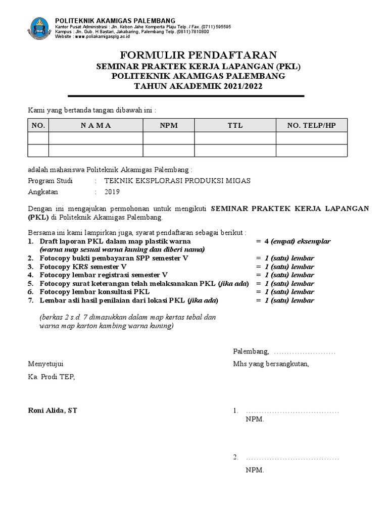 Formulir Daftar Seminar PKL | PDF