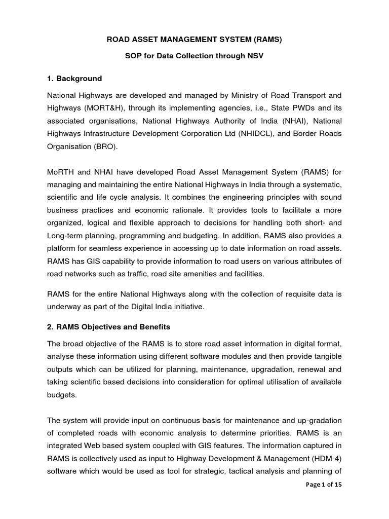 Road Asset Management System (Rams) SOP For Data Collection Through NSV ...