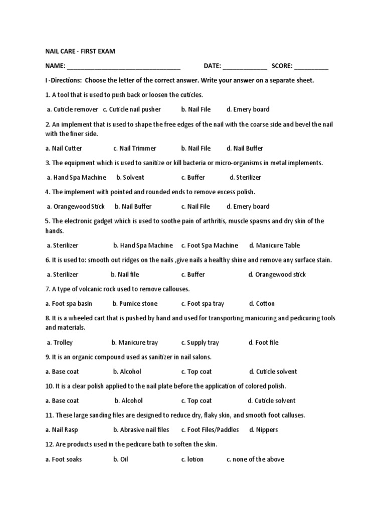FIRST EXAM - Nail Care | PDF | Nail (Anatomy) | Integumentary System