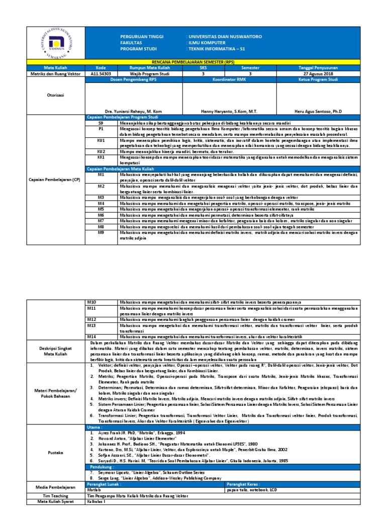 RPS Matriks dan Ruang Vektor S1 IT | PDF