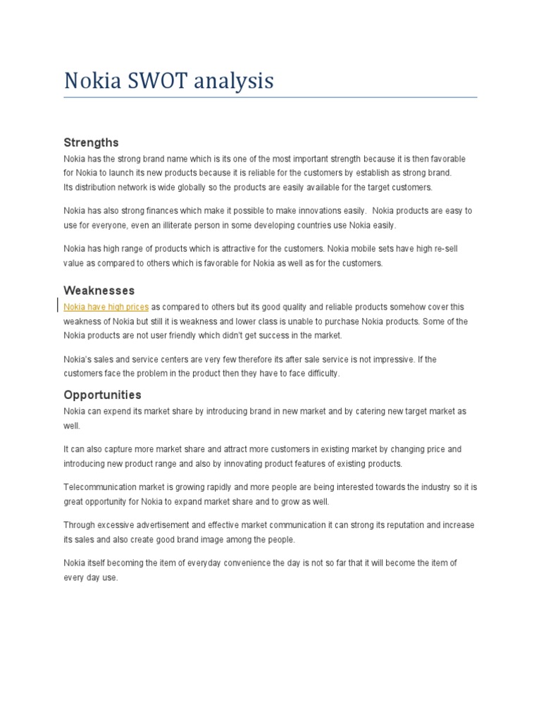 Nokia SWOT Analysis | PDF | Nokia | Brand