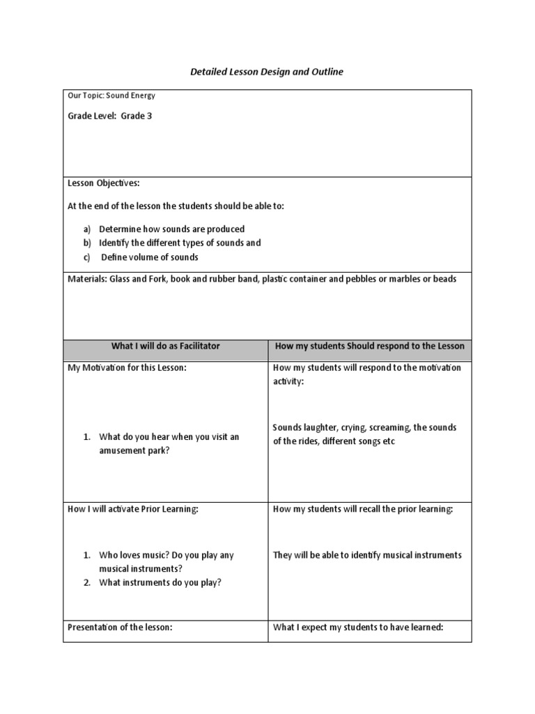 Grade 3 Sound Energy Lesson Plan | PDF | Sound | Psychological Concepts