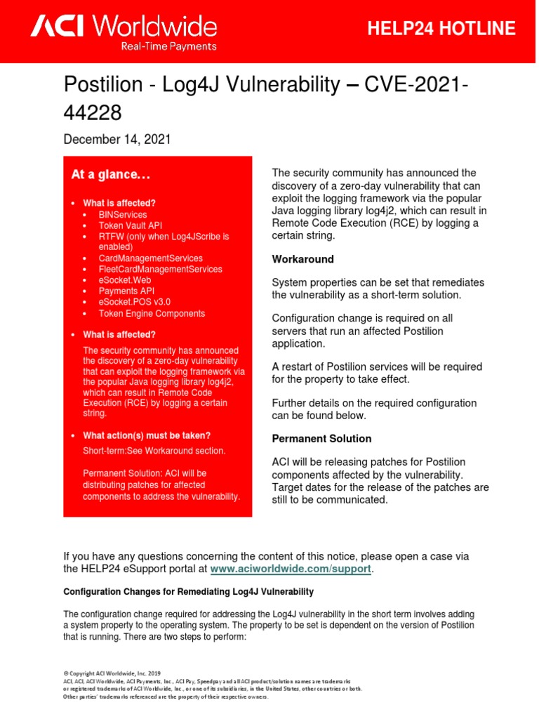 HELP24 Hotline - Postilion - Log4J Vulnerability | PDF | Vulnerability (Computing) | Trademark