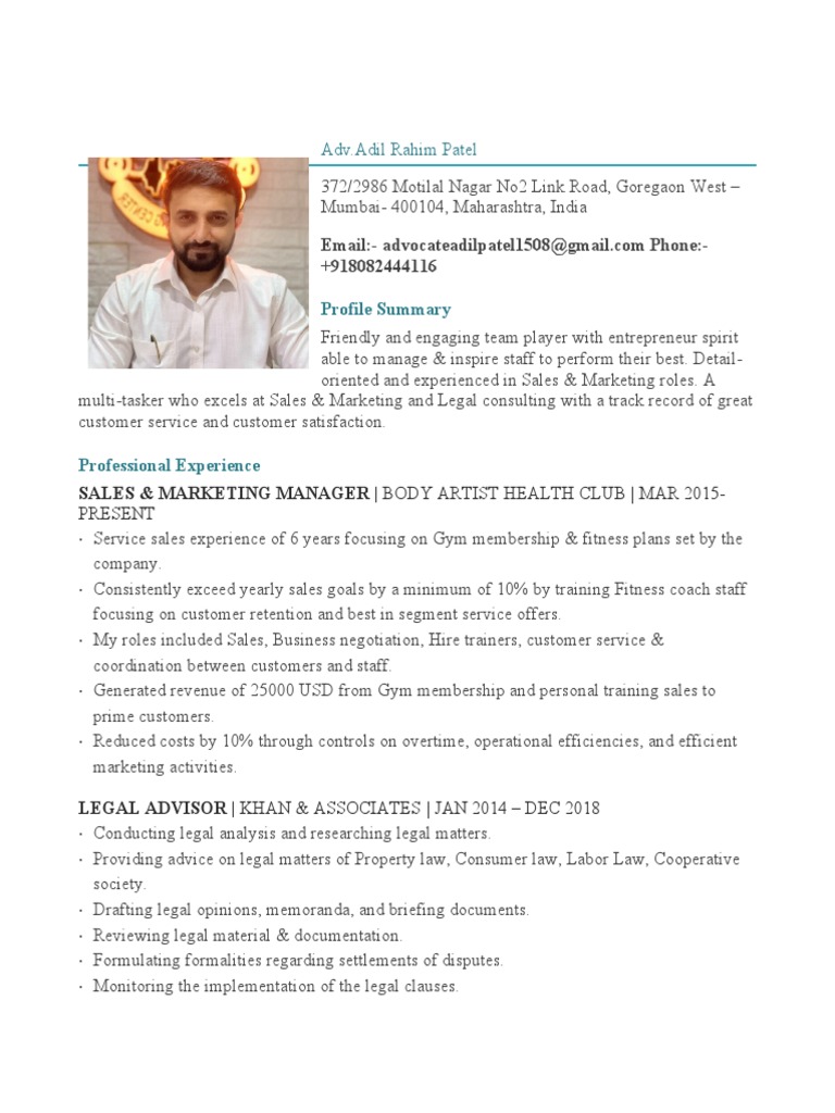 Profile Summary: Adv - Adil Rahim Patel | PDF | Sales | Marketing