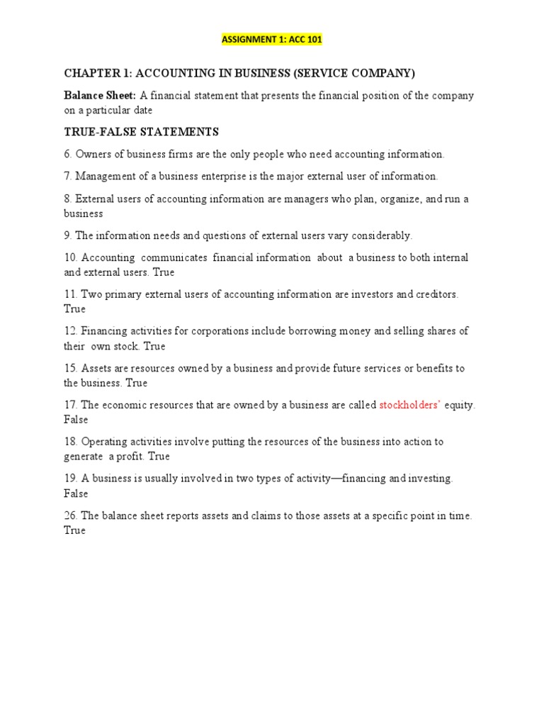 ACC. Assignment 1. Chapter 1.keys | PDF | Business | Equity (Finance)