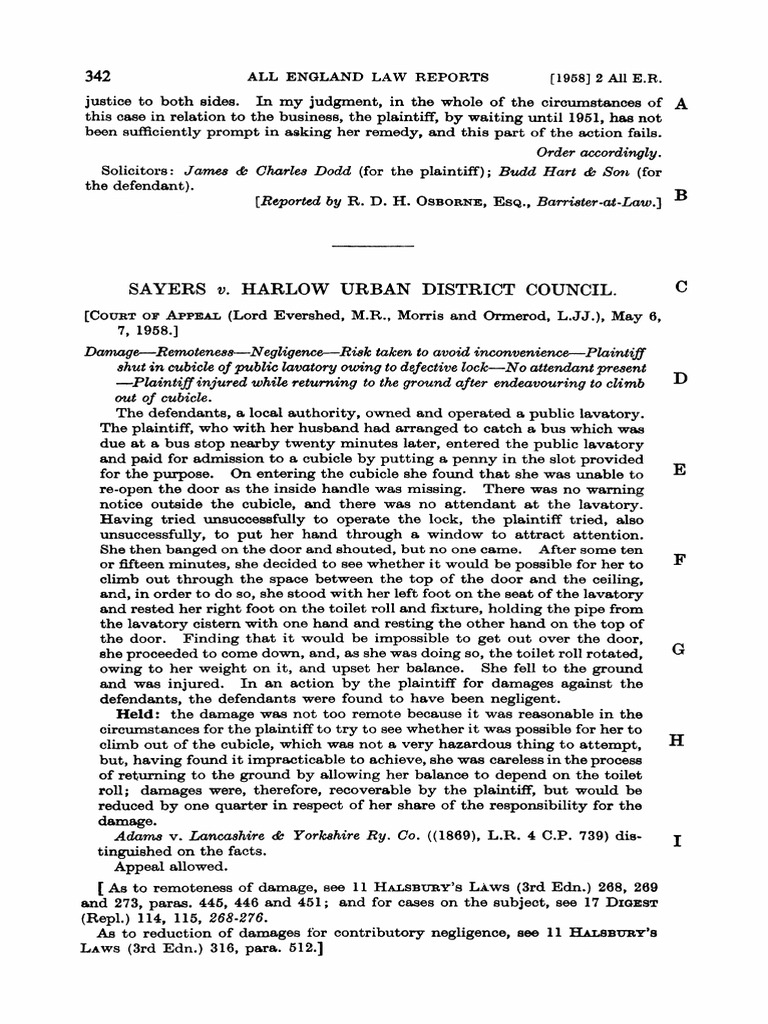 Sayers V Harlow DC (1958) 2 All ER 342 | PDF