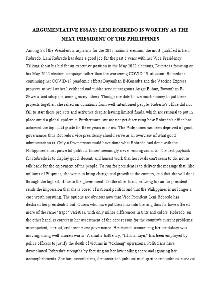 Argumentative Essay: Leni Robredo Is Worthy As The Next President of ...