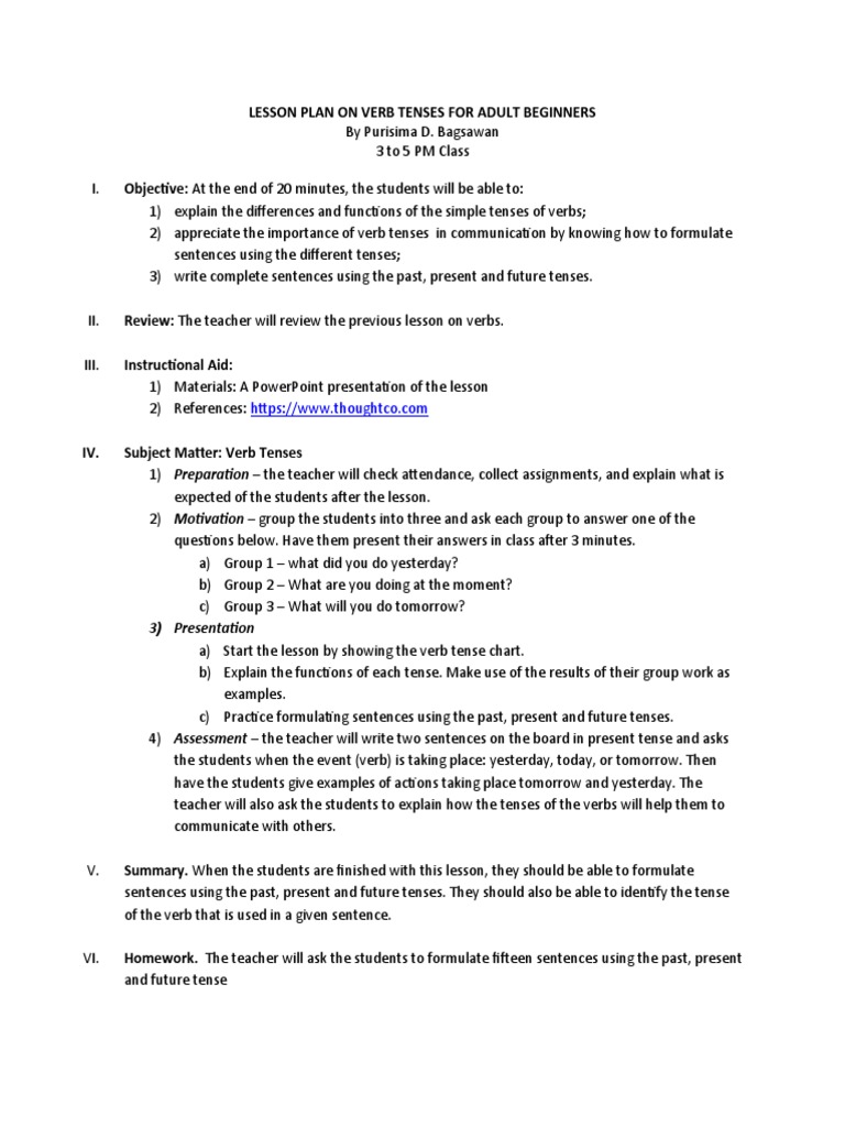 Lesson Plan On Verb Tenses For Adult Beginners | PDF | Verb | Lesson Plan