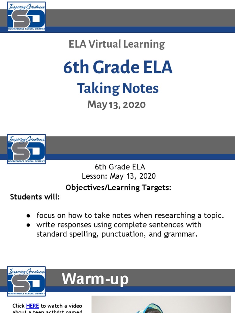 6th Grade ELA Note-Taking Guide | PDF | Malala Yousafzai | Cognition