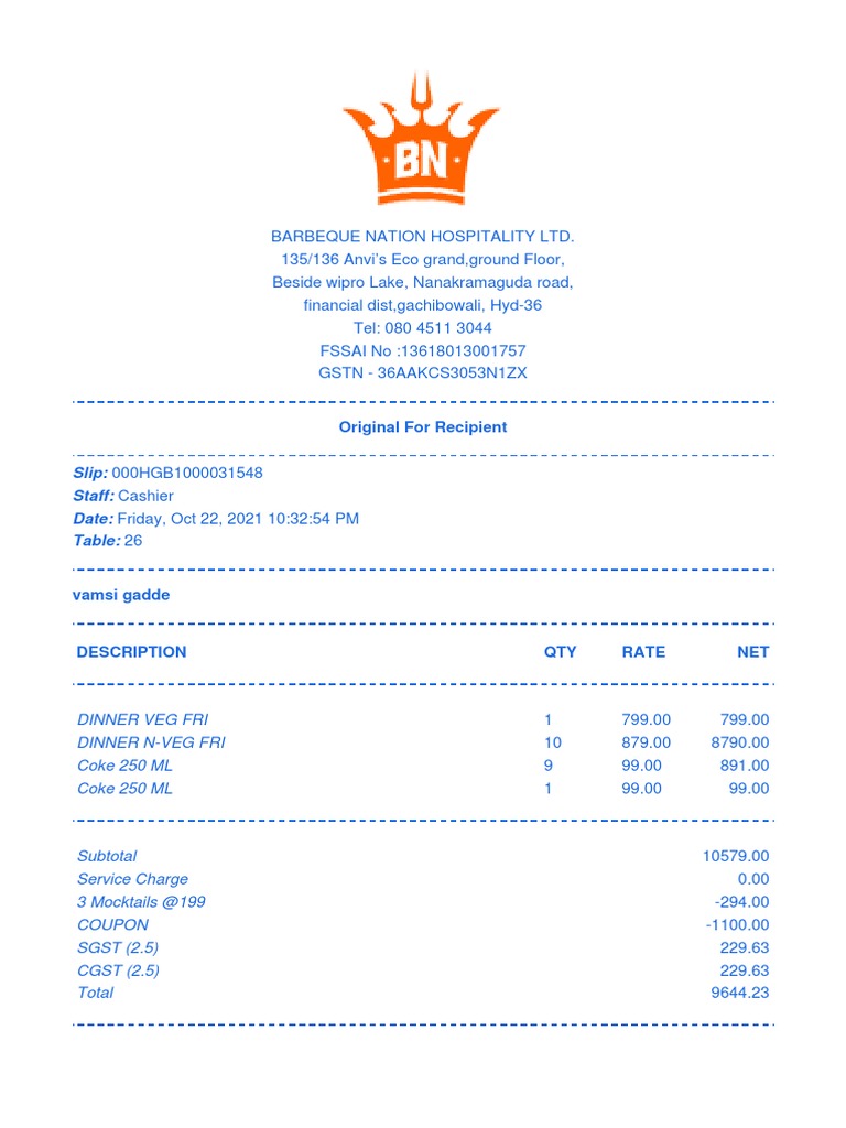 Barbeque Nation Bill | PDF