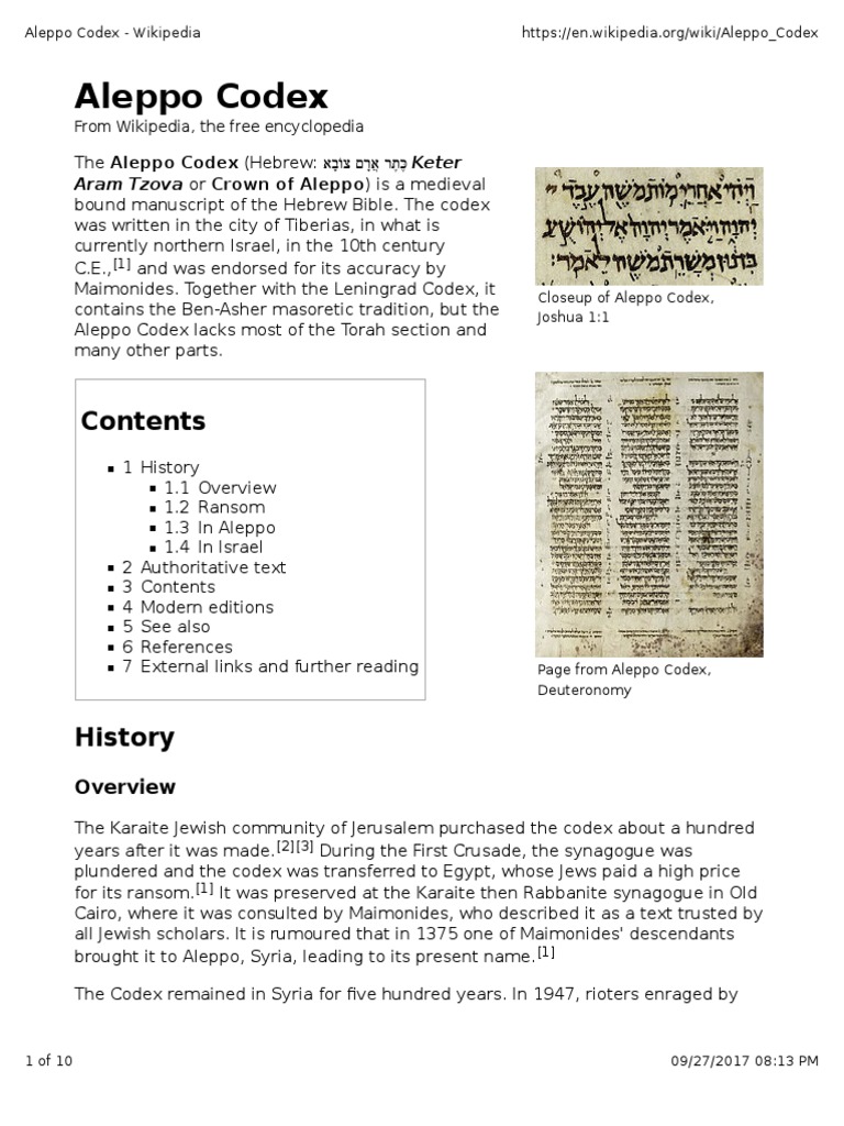 Aleppo Codex: Aram Tzova or Crown of Aleppo) Is A Medieval | PDF ...