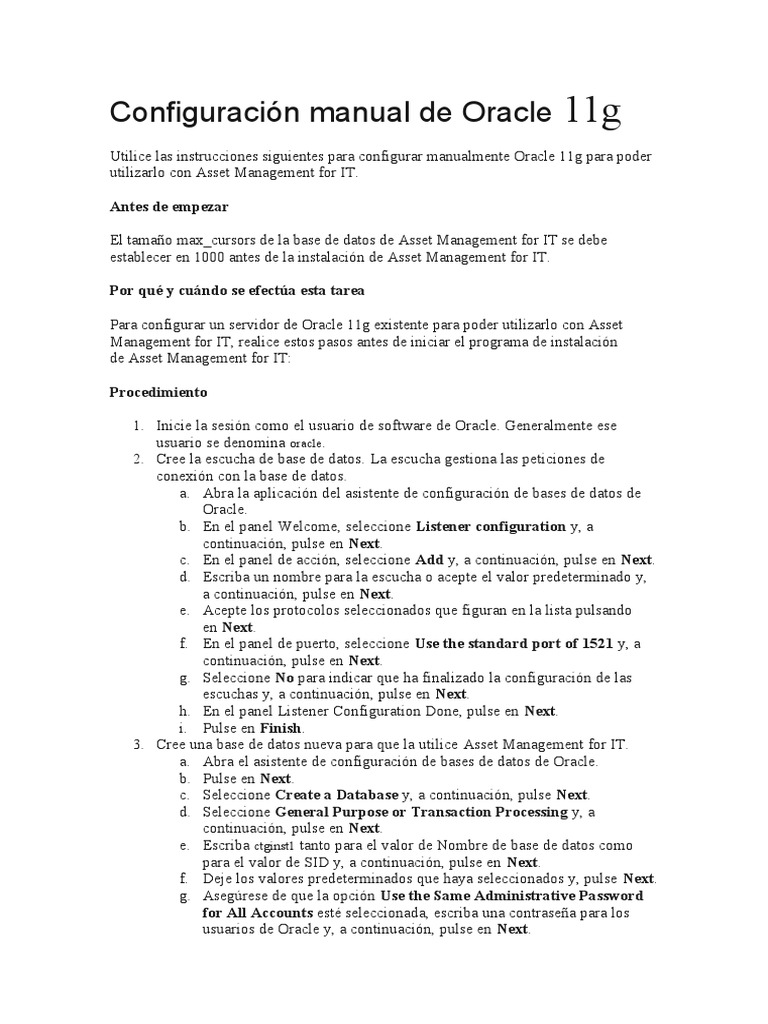 Configuración manual de Oracle 11g para su uso con Asset Management for ...