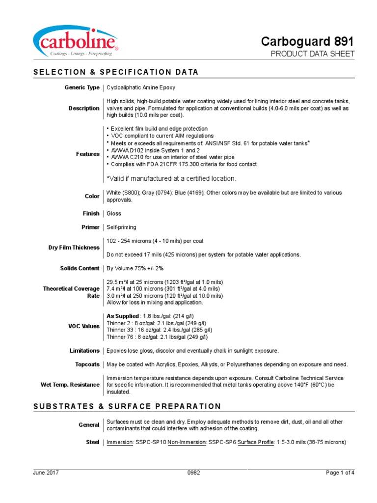 Carboguard 891: Selection & Specification Data | PDF | Epoxy | Humidity