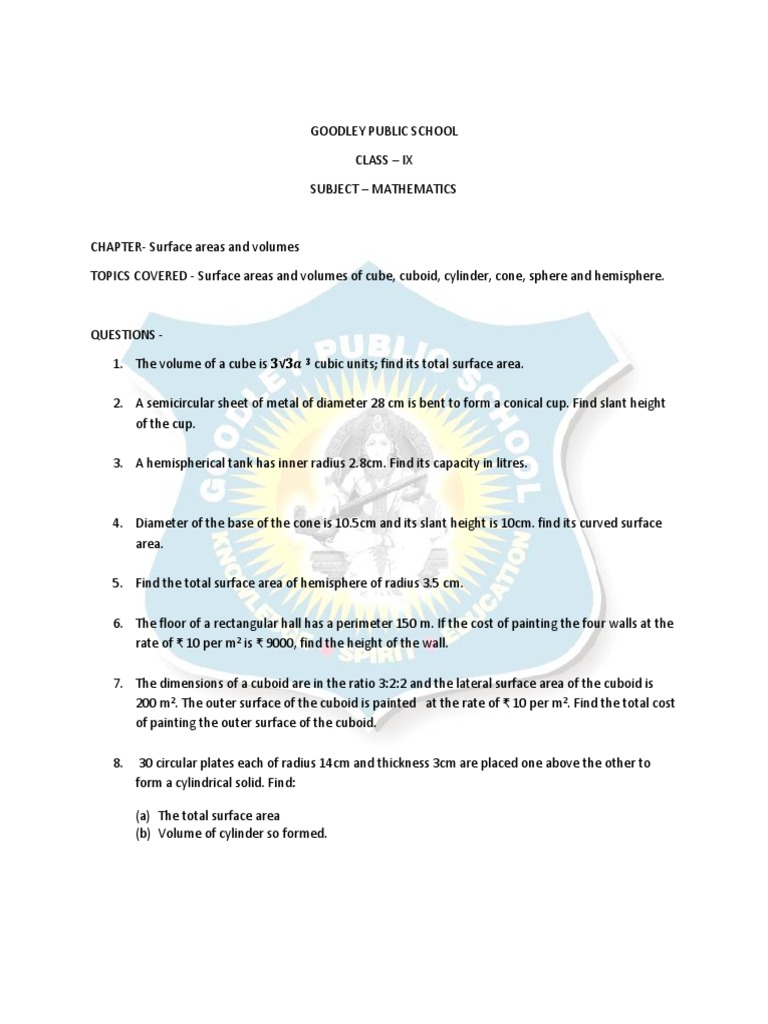 Maths Assignment (Class 9) | PDF | Volume | Sphere