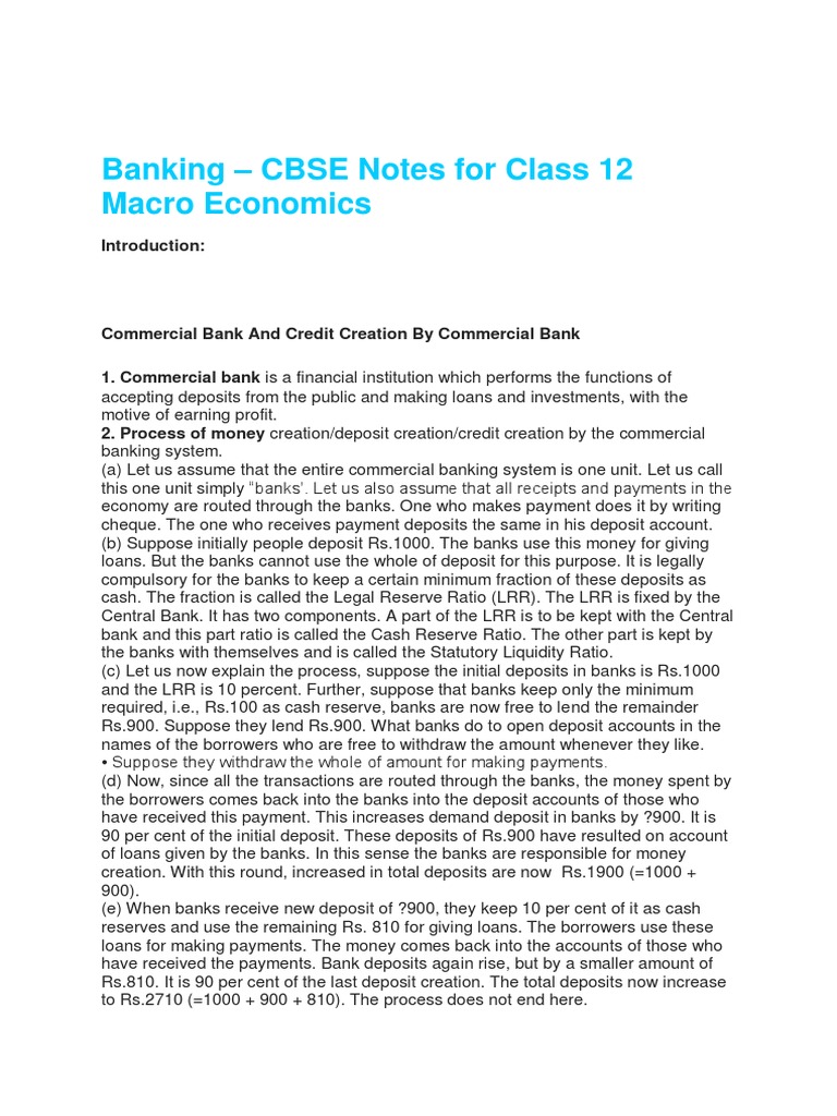 Banking - CBSE Notes For Class 12 Macro Economics | PDF | Banks ...