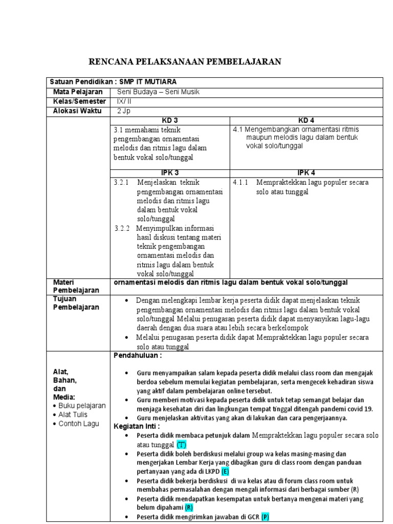 RPP Seni Musik Kls Ix | PDF