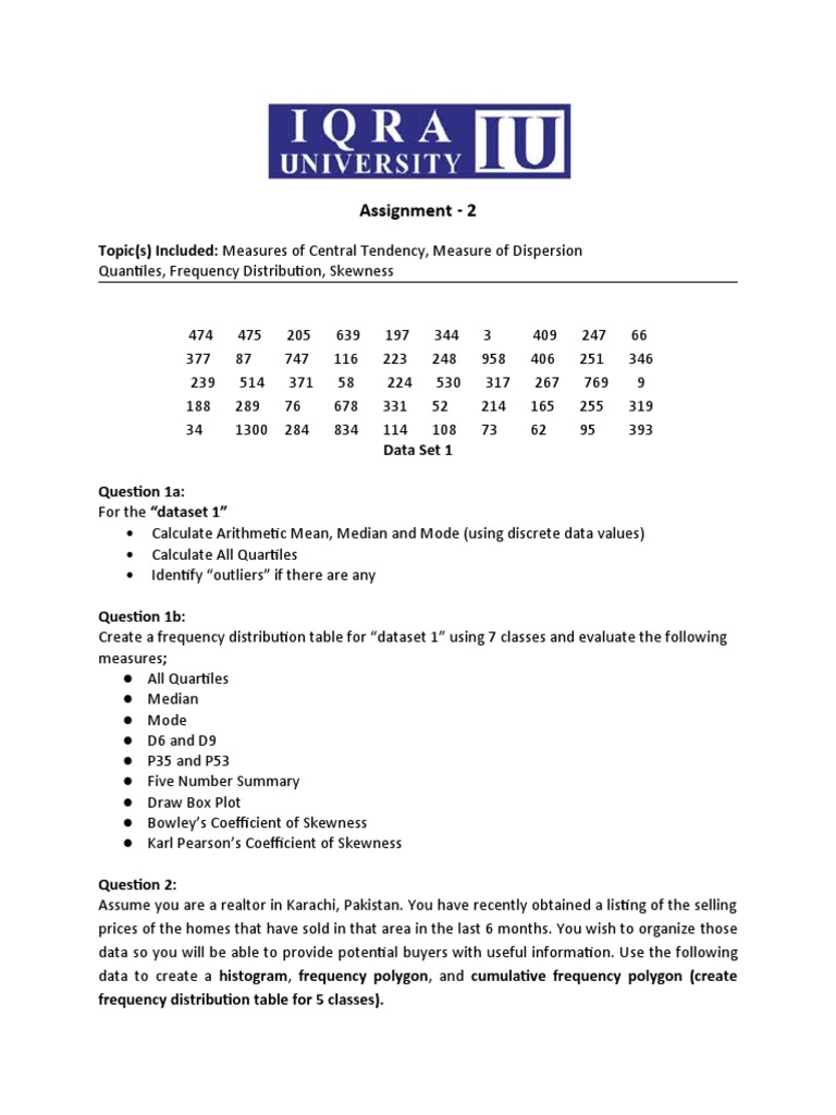 Assignment - 2: Topic(s) Included: Measures of Central Tendency ...