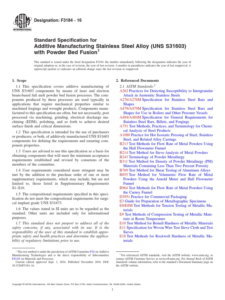 Additive Manufacturing Stainless Steel Alloy (UNS S31603) With Powder ...