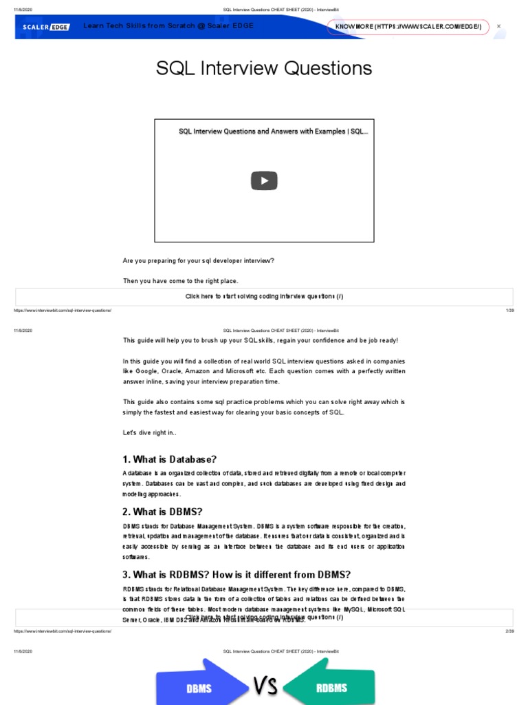SQL Interview Questions CHEAT SHEET (2020) - InterviewBit | PDF | Database Index | Relational ...