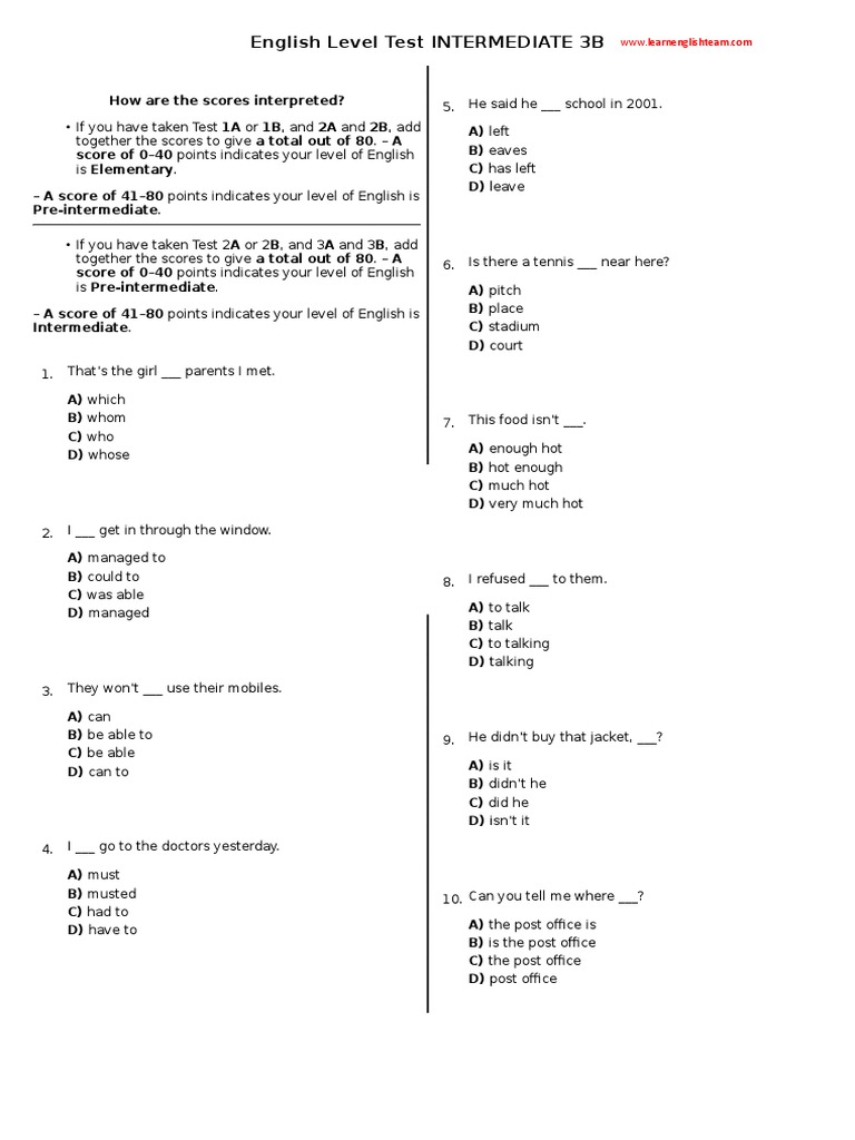 Intermediate English Level Test B3 | PDF