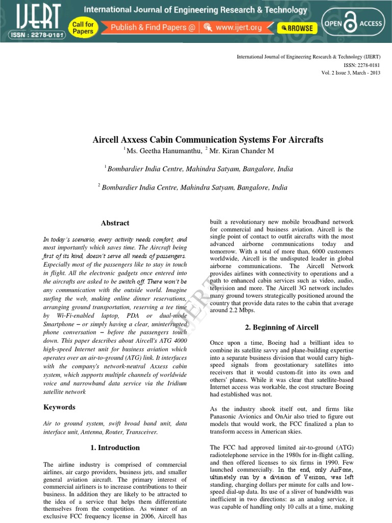 Aircell Axxess Cabin Communication Systems For Aircrafts IJERTV2IS3449 ...