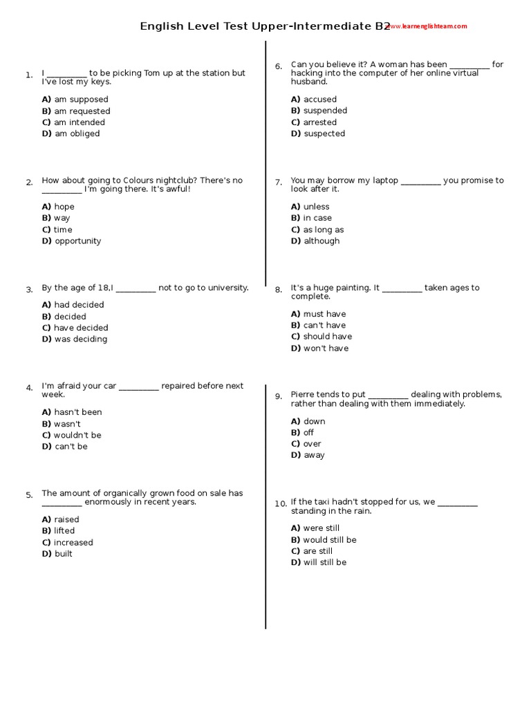 B2 Upper-Intermediate English Test | PDF